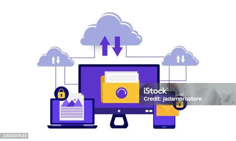 컴퓨터 모니터 랩톱 및 스마트 폰 장치를 사용한 업로드 및 다운로드 정보 및 데이터 처리에 대한 클라우드 컴퓨팅 개념 0명에 대한 스톡 벡터 아트 및 기타 이미지 Istock