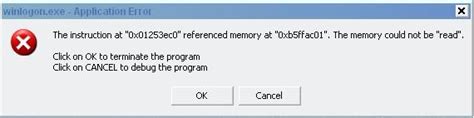 Winlogon Application Error The Memory Could Not Be Read