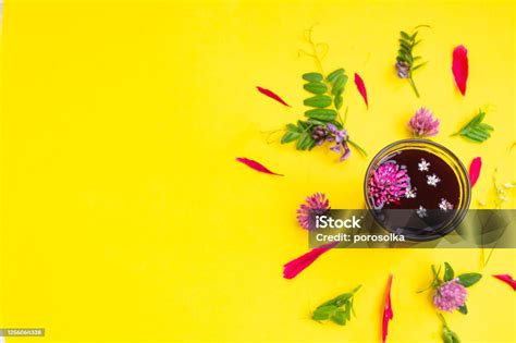 노란색 배경에 다른 야생화가있는 히비스커스 또는 카르카디 차와 유리 맨 위 보기입니다 텍스트공간을 복사합니다 허브 차에 대한 스톡 사진 및 기타 이미지 Istock