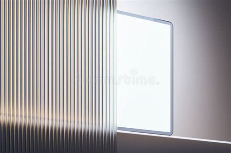 Blank Tablet Screen Partially Hidden Behind Metallic Vertical Stripes 3d Rendering Stock