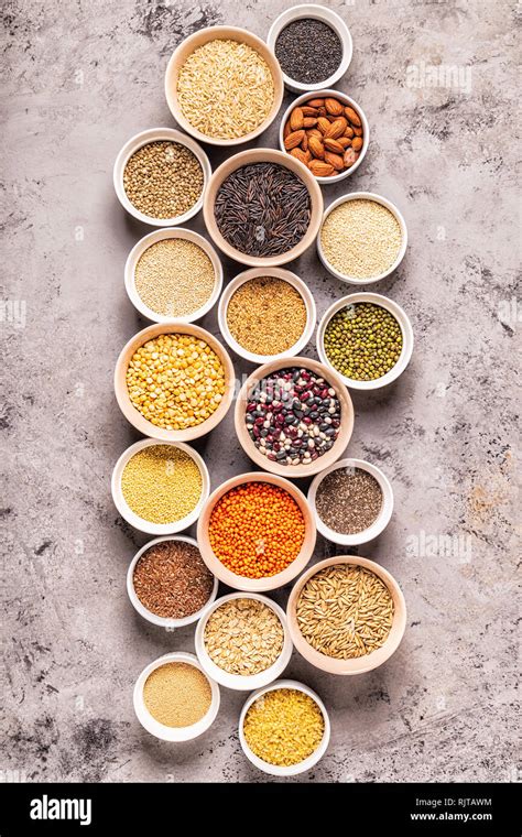 Set Of Different Superfoods Whole Grains Beans And Legumes Seeds And
