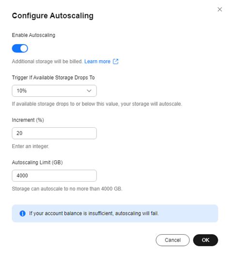Enabling Storage Autoscaling For A FlexusRDS For MySQL Instance Instance Management Working With