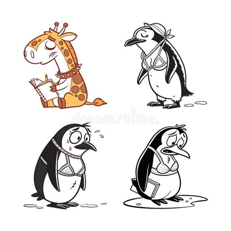 Funny Penguins And Giraffe Cartoon Character Collection Stock Vector