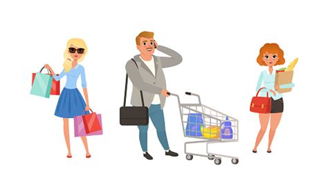 쇼핑 카트와 가방 세트 상점에서 구매하는 남녀 상점 또는 쇼핑몰 만화 벡터 일러스트레이션을 가진 사람들 가방에 대한 스톡 벡터