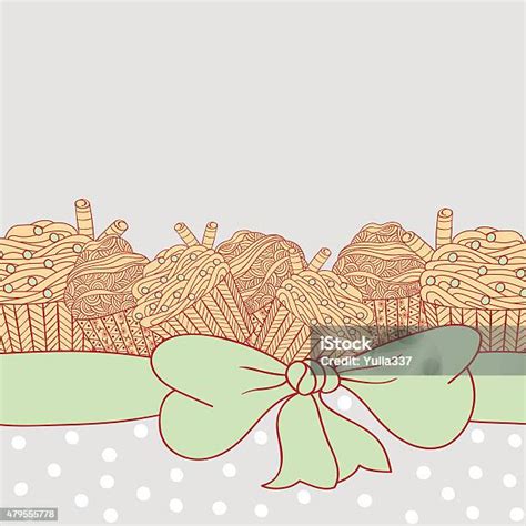 Kartu Dengan Muffin Yang Diikat Dengan Pita Dan Busur Ilustrasi Stok