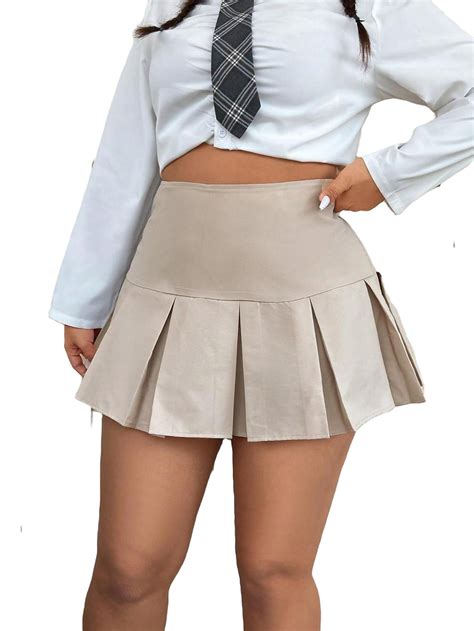 Casual Solid Pleated Skirt Khaki Plus Size Skirts
