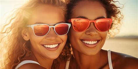 Premium Ai Image Two Young Women Smiling And Wearing Sunglasses On The Beach In The Style Of