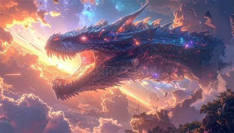 Fantasy Dragon Flying Through Cloudy Sky Stock Illustration