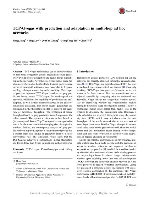 Tcp Gvegas With Prediction And Adaptation In Multi Hop Ad Hoc Networks Request Pdf