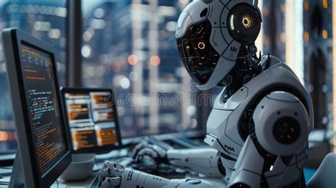 Advanced Humanoid Robot With Intricate Design Working At A Computer Workstation In A Modern