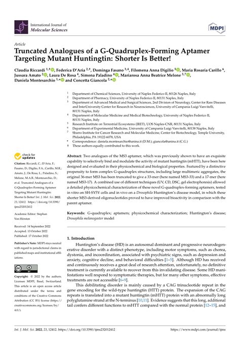 Pdf Truncated Analogues Of A G Quadruplex Forming Aptamer Targeting Mutant Huntingtin Shorter