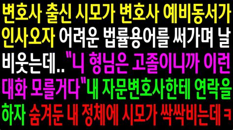 실화사연변호사 출신 시모가 변호사 예비동서가 인사오자 어려운 법률용어를 써가며 날 비웃는데내 자문변호사한테 연락을 하자 숨겨둔 내 정체에 신청사연 사이다썰 사연