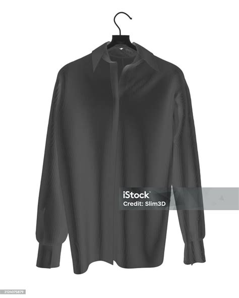 흰색 바탕에 버튼 다운 칼라가 있는 검은색 다각형 정장 셔츠 흰색 배경에 고립된 옷걸이에 걸려 있는 긴팔 셔츠 벡터 일러스트 레이 션입니다 3차원 0명에 대한 스톡 벡터