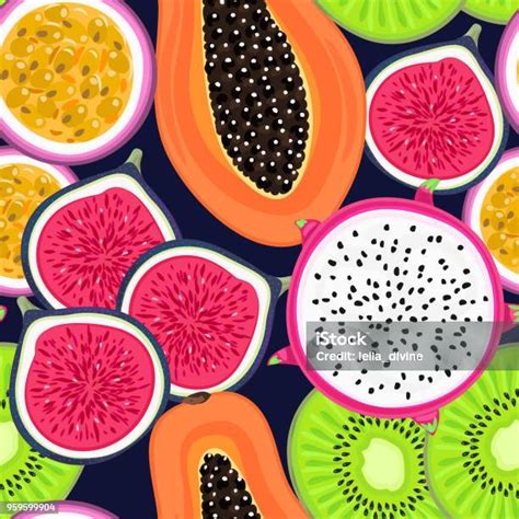 열 대 과일로 벡터 완벽 한 패턴입니다 건강 한 디저트입니다 과일 배경입니다 드래곤 과일 키 위 정 열의 열매 무화과 파파야 건강한 식생활에 대한 스톡 벡터 아트 및 기타