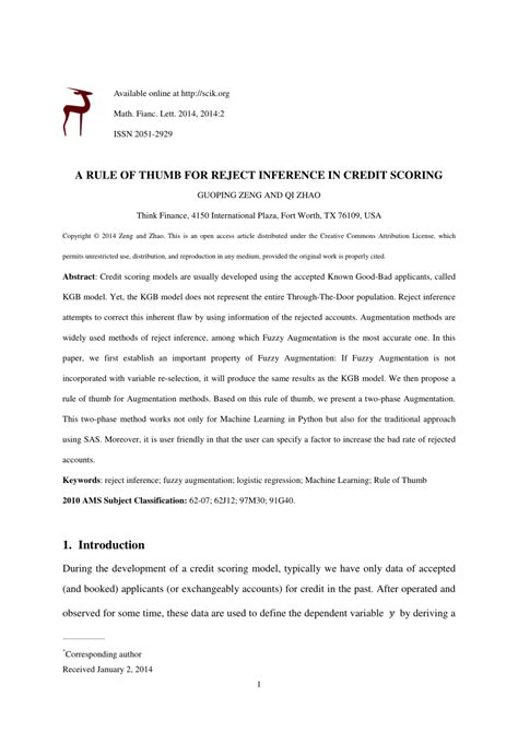 pdf a rule of thumb for reject inference in credit scoring