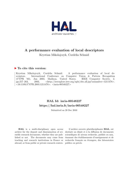 Pdf A Performance Evaluation Of Local Descriptors