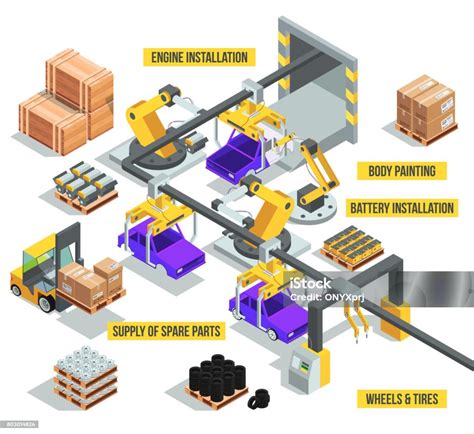 자동차 산업입니다 자동 생산 단계와 공장입니다 아이소메트릭 벡터 일러스트 등측투영법에 대한 스톡 벡터 아트 및 기타 이미지 등측투영법 차 제조 Istock