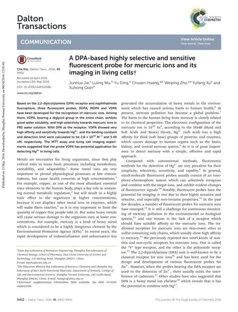 Pdf A Dpa Based Highly Selective And Sensitive Fluorescent Probe For Mercuric Ions And Its
