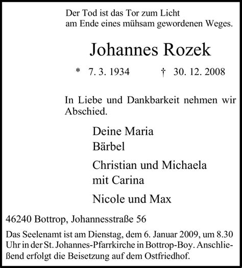 Traueranzeigen Von Johannes Rozek Trauer In Nrw De