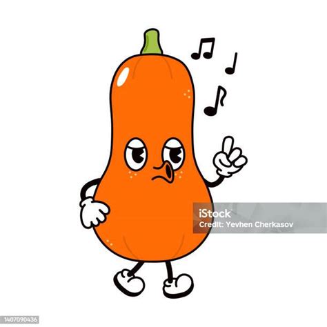 귀여운 재미있는 호박 걷기 노래 캐릭터 벡터 손으로 그린 전통 만화 빈티지 복고풍 카와이 캐릭터 일러스트 레이 션 아이콘 흰색 배경에 고립되어 있습니다 호박 산책과 노래