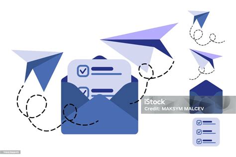 날아다니는 종이 비행기가 든 봉투 이메일 마케팅 및 메시지 개념 체크 표시가있는 봉투에 시트 밝은 파란색 스타일의 현대 벡터 그림입니다 우편에 대한 스톡 벡터 아트 및 기타