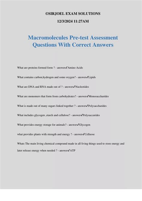 Macromolecules Pre Test Assessment Questions With Correct Answers