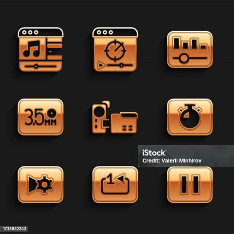 시네마 카메라 반복 트랙 음악 플레이어 일시 정지 버튼 스톱워치 음악 또는 비디오 설정 오디오 잭 이퀄라이저 및 아이콘을 설정합니다 벡터 건강관리와 의술에 대한 스톡 벡터