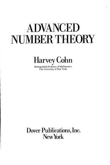 Advanced Number Theory Cohn Harvey Free Download Borrow And