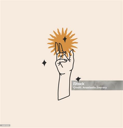 로고 요소가 있는 핸드 그린 벡터 추상 스톡 플랫 그래픽 일러스트 라인 휴먼 핸드와 스타라인의 황금빛 보헤미안 매직 라인 아트가 브랜딩을 위한 심플한 스타일로 연출합니다