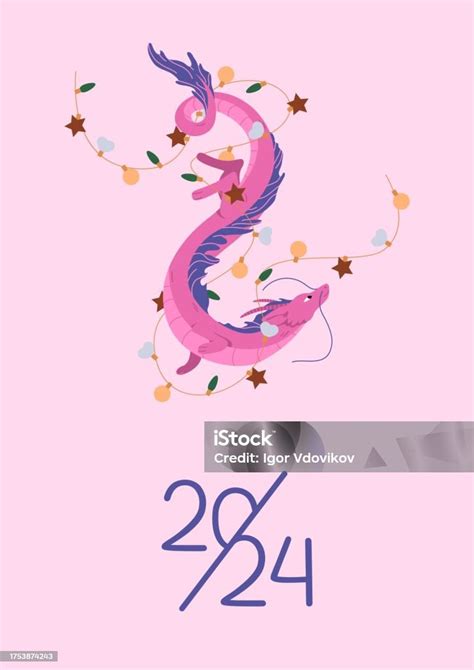 2024년 새해 달력은 중국 용으로 덮여 있습니다 긴 용은 고립된 분홍색 배경에 화환을 들고 날아간다 기호 2024 플랫 만화 스타일 디자인 인쇄용 세로 A4 형식 벡터