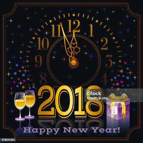 새 해 복 많이 받으세요 2018 텍스트 기호 아이콘입니다 시계 와인 샴페인 글라스 선물 상자 벡터 포스터 휴가 추상 디자인