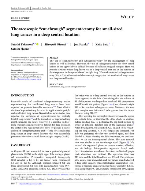 Pdf Thoracoscopic “cut‐through” Segmentectomy For Small‐sized Lung Cancer In A Deep Central