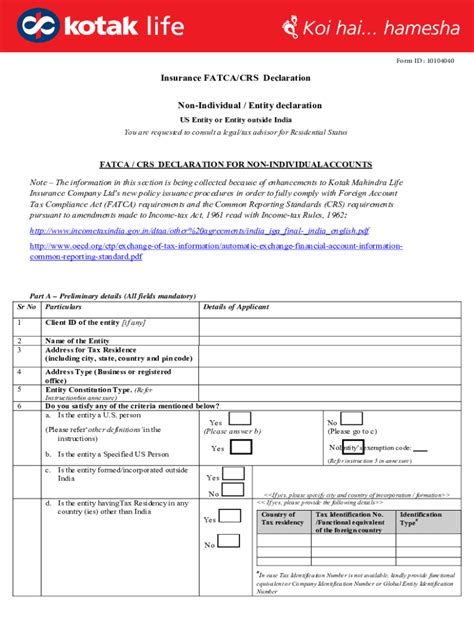 Fillable Online Fatca Crs Declaration Form For Non Individual Fax Email Print Pdffiller
