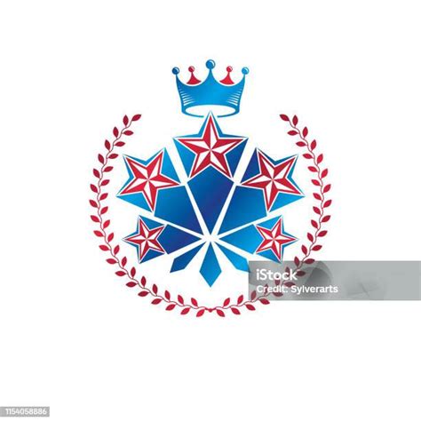 로얄 크라운과 월계수 화 환으로 만든 군사 스타 엠 블 럼 전 령 벡터 디자인 요소 5 별 보증 휘장 레트로 스타일 라벨 문장 건조 계급에 대한 스톡 벡터 아트 및 기타
