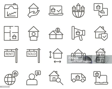 채팅 대화 집 세트 벡터 아이콘 부동산 아이콘 세트입니다 부동산 관련 벡터 선 아이콘의 간단한 집합입니다 지도 계획 침실 과 같은 아이콘을 포함 가정 생활에 대한 스톡 벡터