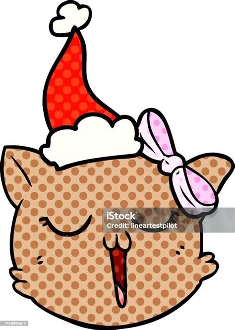 산타 모자를 쓴 고양이 얼굴의 손으로 그린 만화책 스타일 그림 귀여운에 대한 스톡 벡터 아트 및 기타 이미지 귀여운 낙서