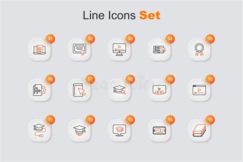 Set Line Book Online Education Graduation Cap Speech Bubble Globe With Mouse Play Video