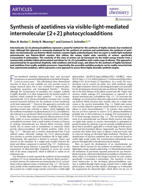 Synthesis Of Azetidines Via Visible Light Mediated Intermolecular 22