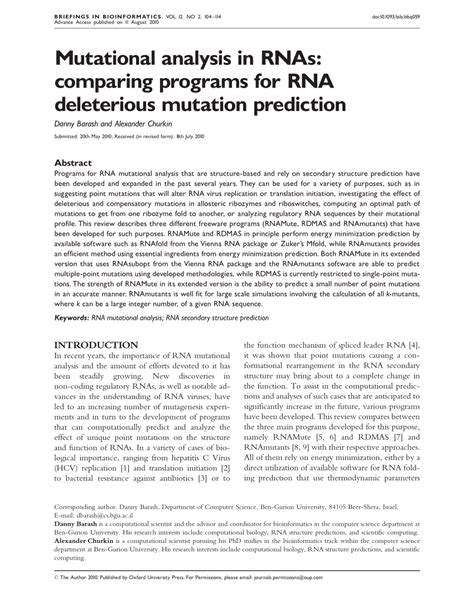 Pdf Mutational Analysis In Rnas Comparing Programs For Rna Deleterious Mutation Prediction