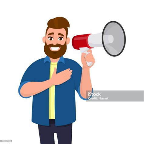 메가 폰 또는 스피커를 들고 가슴에 손을 잡고 감사 감사를 느끼는 젊은 남자를 기쁘게 인간의 감정 얼굴 표정 느낌 개념 그림 벡터 만화 스타일입니다 감사에 대한 스톡 벡터