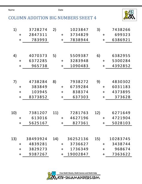 Adding Large Numbers Matthew Smiths Addition Worksheets