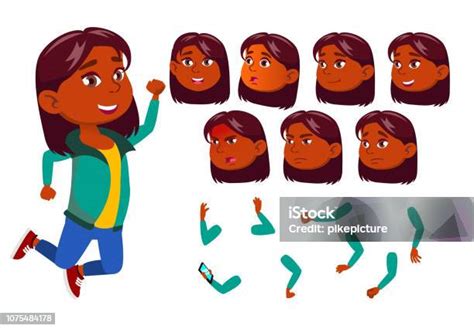 여자 아이 아이 십 대 벡터 인도 힌두교 아시아 행복 한 유년 시절입니다 감정 다양 한 제스처를 얼굴 애니메이션 만들기 세트입니다 플랫 만화 캐릭터 일러스트를 절연 가방에