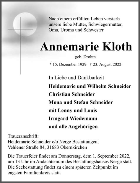 Traueranzeigen Von Annemarie Kloth Trauer Anzeigen De
