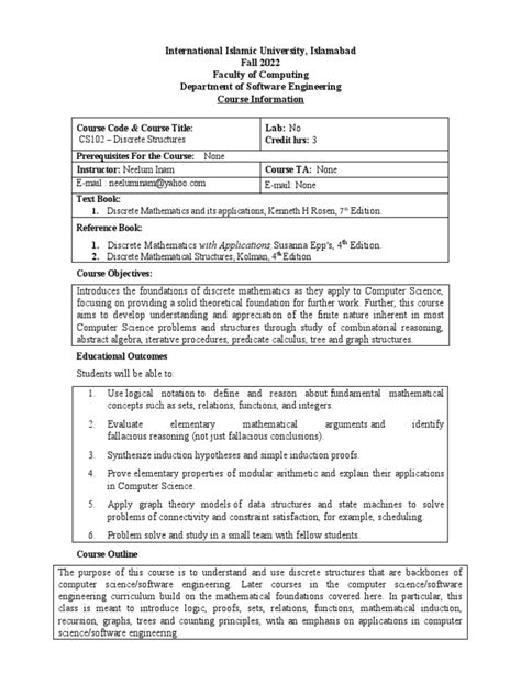 Courseoutline Discrete Structures Fall 2022 Pdf Discrete Mathematics Logic