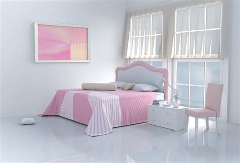 유리 화병 베개 흰색 담요 창 하늘 램프 흰색 벽에 나무로 장식 된 분홍색 침대 룸 그것은 패턴 의 자 태양이 그림자 흰색 바닥에 창을 통해 빛난다 3d 렌더링 0명에 대한