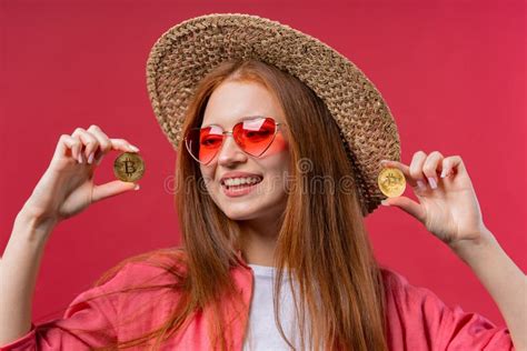 Woman With Bitcoin Crypto Currency Golden Coins Pink Background