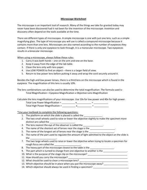 Microscope Worksheet Parts Magnification Wet Mounts