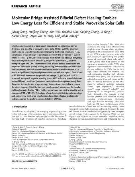 Molecular Bridge Assisted Bifacial Defect Healing Enables Low Energy Loss For Efficient And
