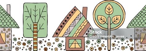 벡터 손으로 그려진된 완벽 한 패턴 테두리입니다 장식 양식된 어린 나무 집입니다 낙서 스타일 부족 그래픽 그림 장식 귀여운 손 그림 낙서 완벽 한 패턴의 시리즈 가을에 대한