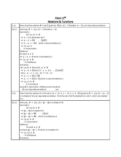 Cbse Worksheets For Class 12 Maths Relations And Functions Assignment 02 Class 12 Th Relations